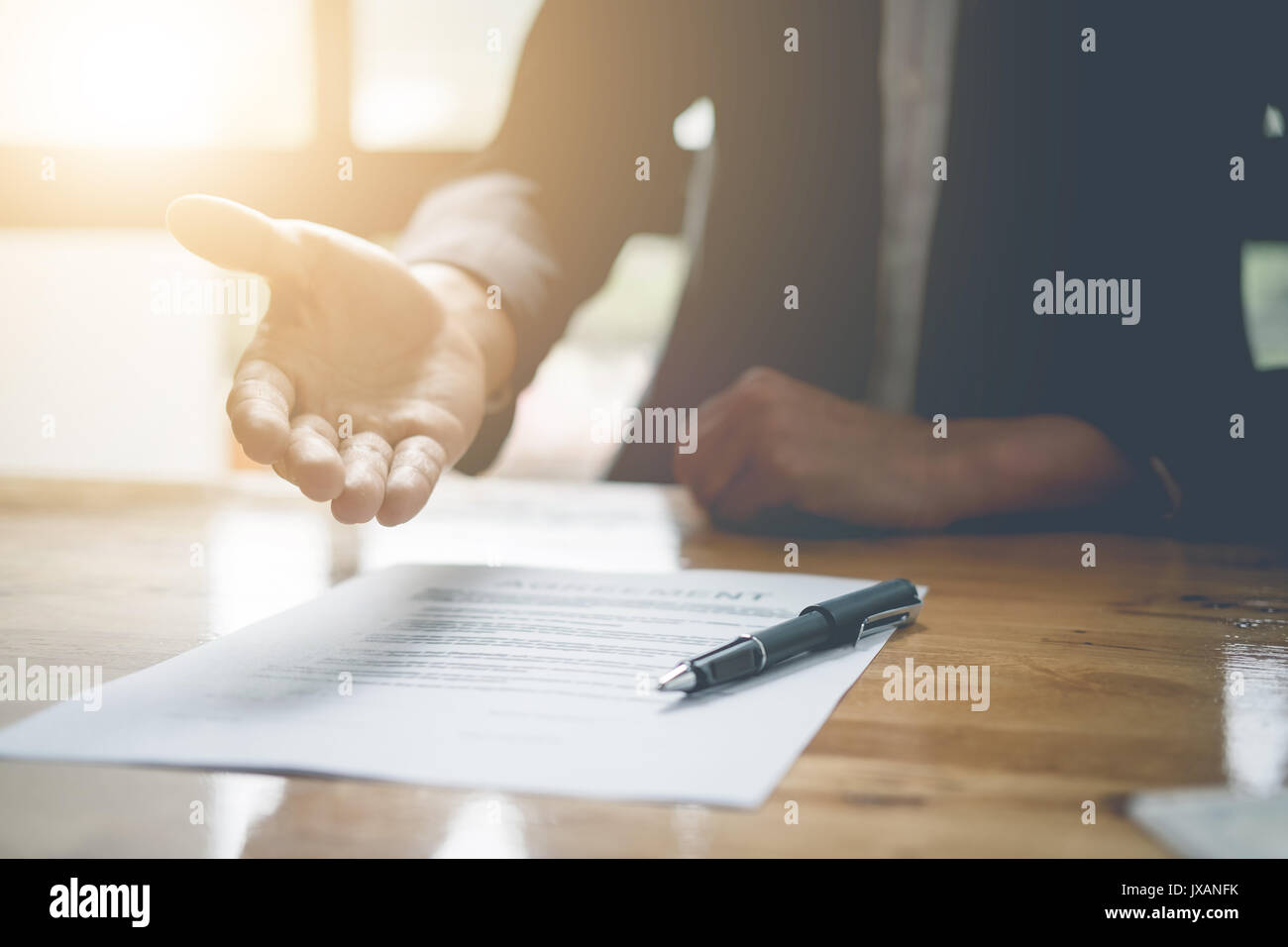 Real estate agent offer hand for customer sign aggrement contract ...