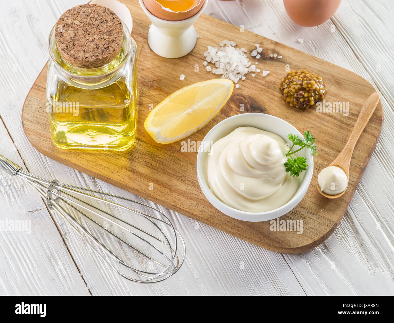 Natural mayonnaise ingredients and the sauce itself Stock Photo - Alamy