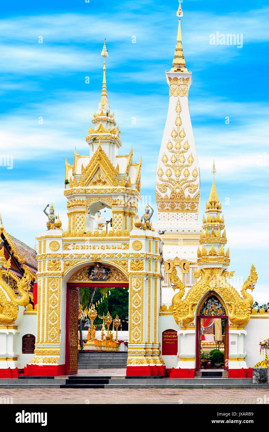 Main doorway to Buddhist temple of Wat Phra That Phanom houses famous ...