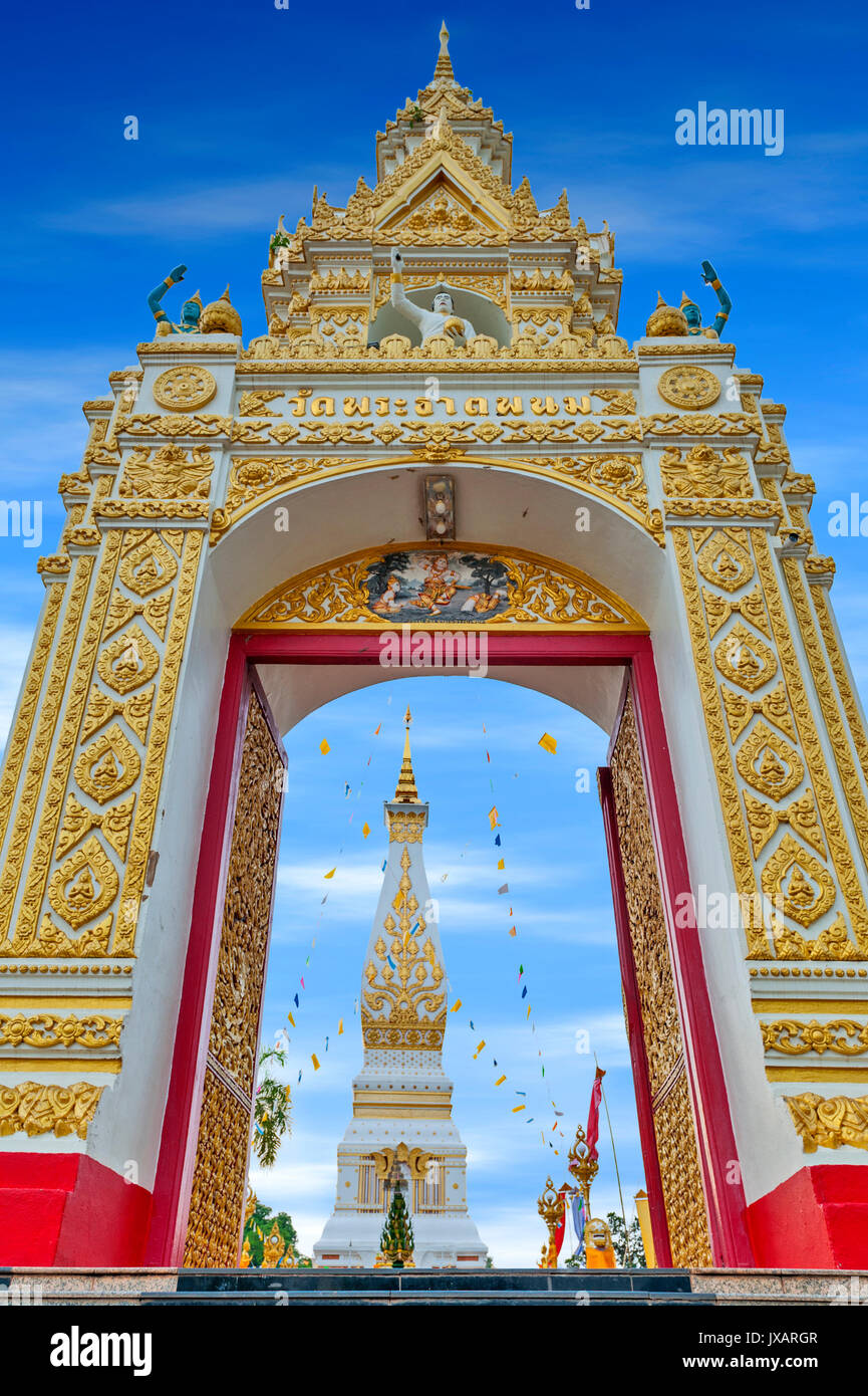 Main doorway to Buddhist temple of Wat Phra That Phanom houses famous ...