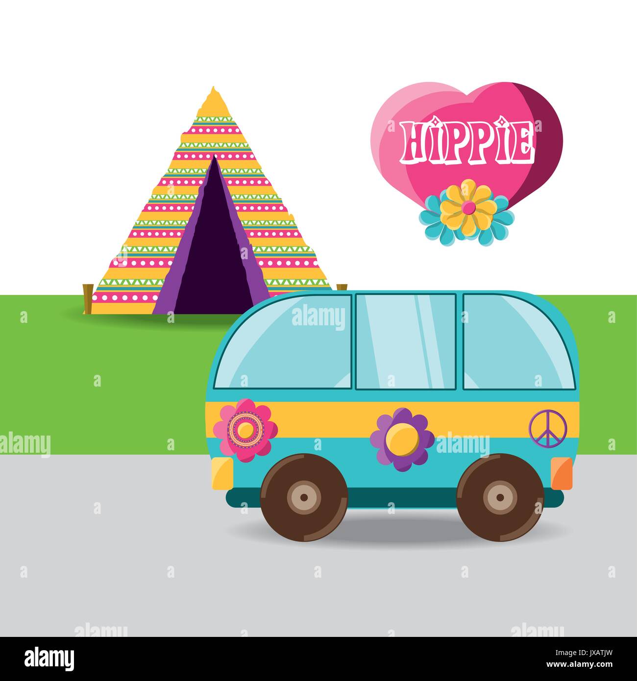 van with flower hippie concept vector illustration Stock Vector Image ...