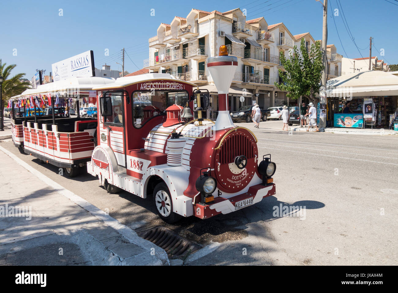 The red Argostoli Express road train, Argostoli, Kefalonia, Greece ...
