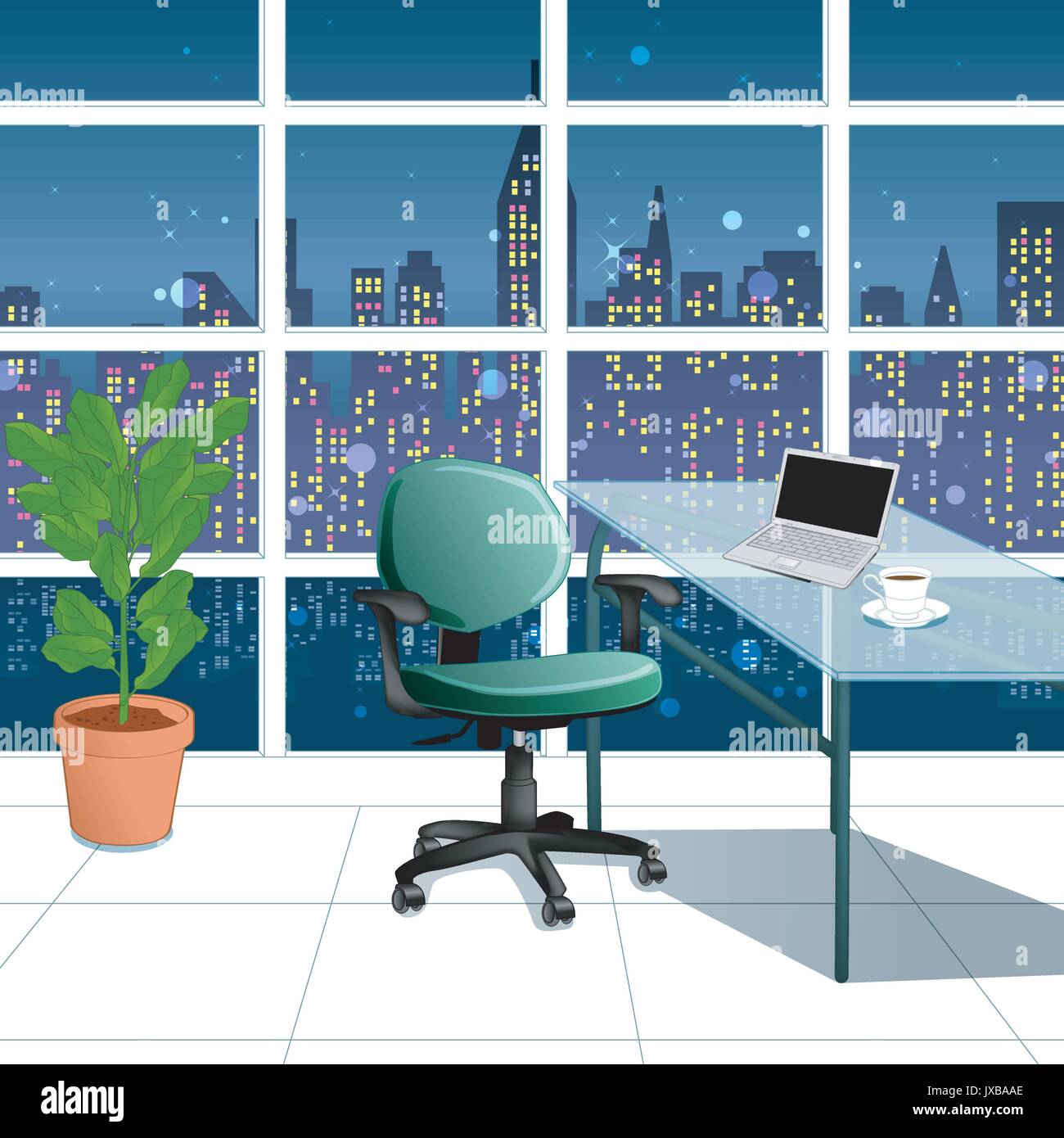 in the work office at night with a city view from window Stock Vector ...