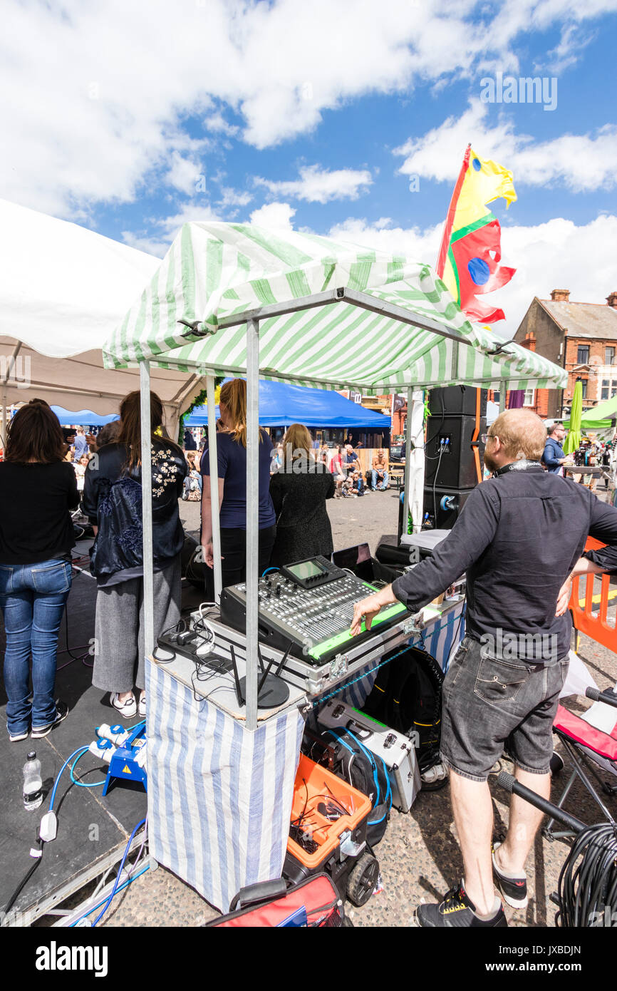 English market. Stall selling handicrafts, seen from behind, with stall ...