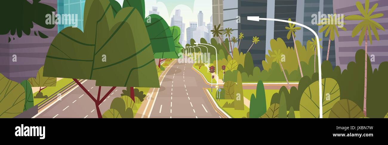 City Street Skyscraper Buildings View Modern Cityscape Empty Downtown ...