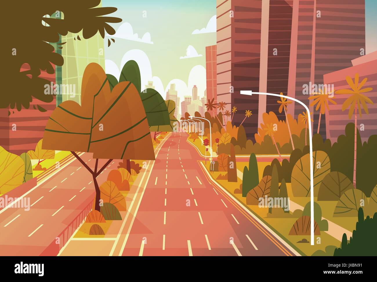 City Street Skyscraper Buildings View Modern Cityscape Empty Downtown ...