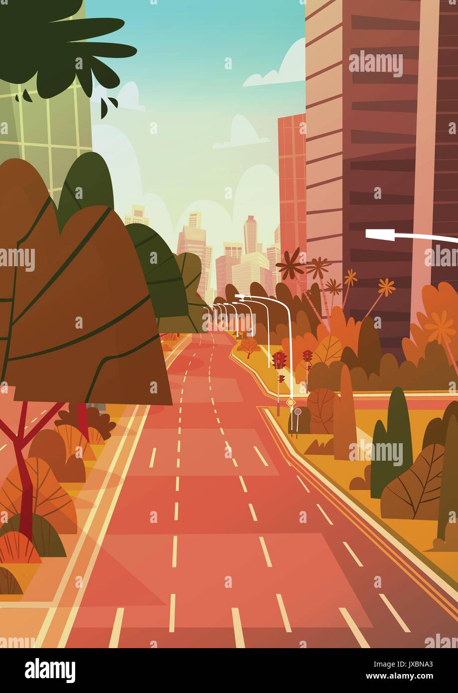 City Street Skyscraper Buildings View Modern Cityscape Empty Downtown ...