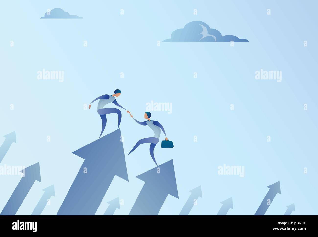 Two Businessmen Stand On Financial Arrow Up Holding Hands Successful ...