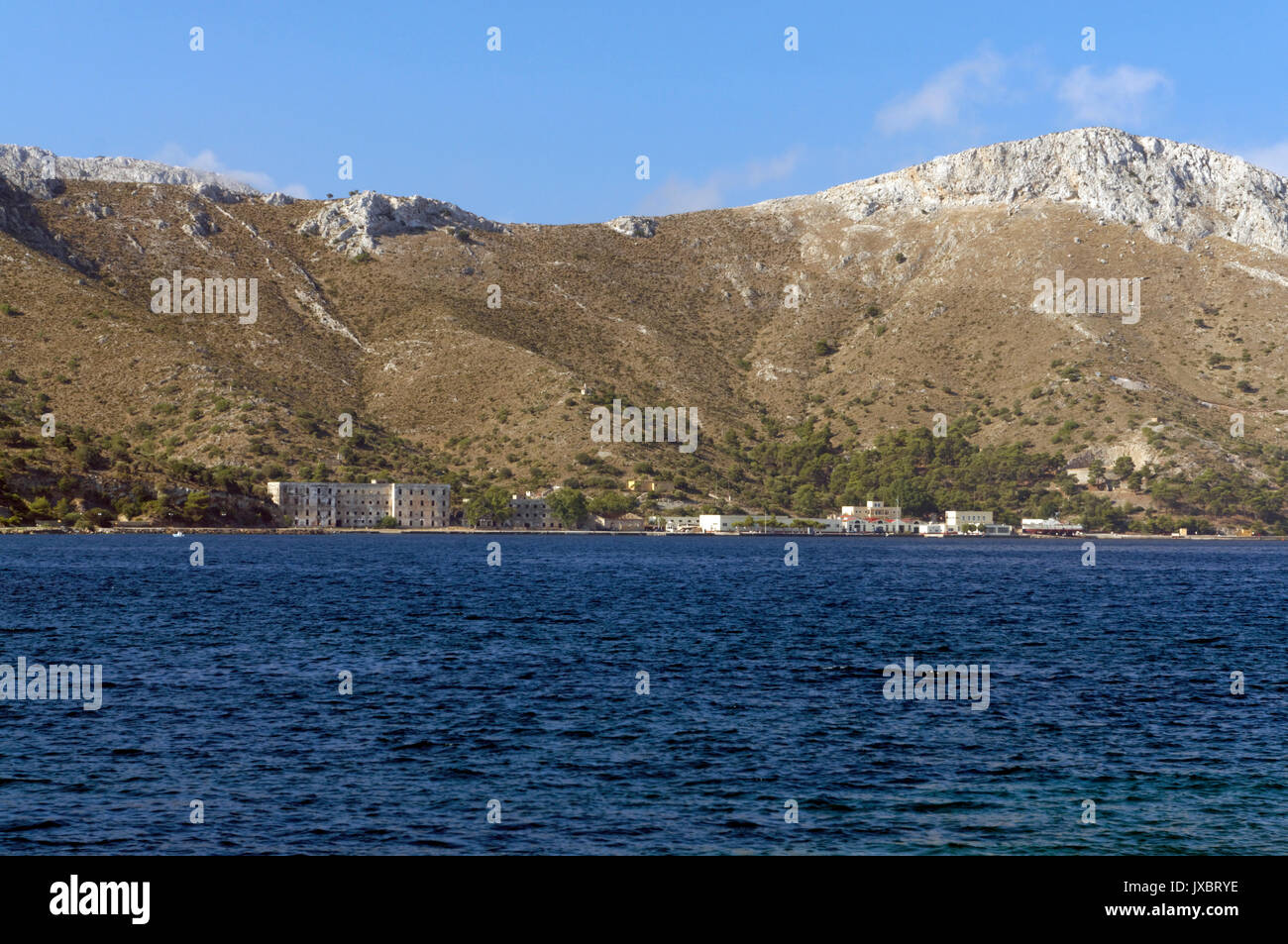 View across Lakki Bay from the waterfront, Lakki, Leros, Dodecanese ...