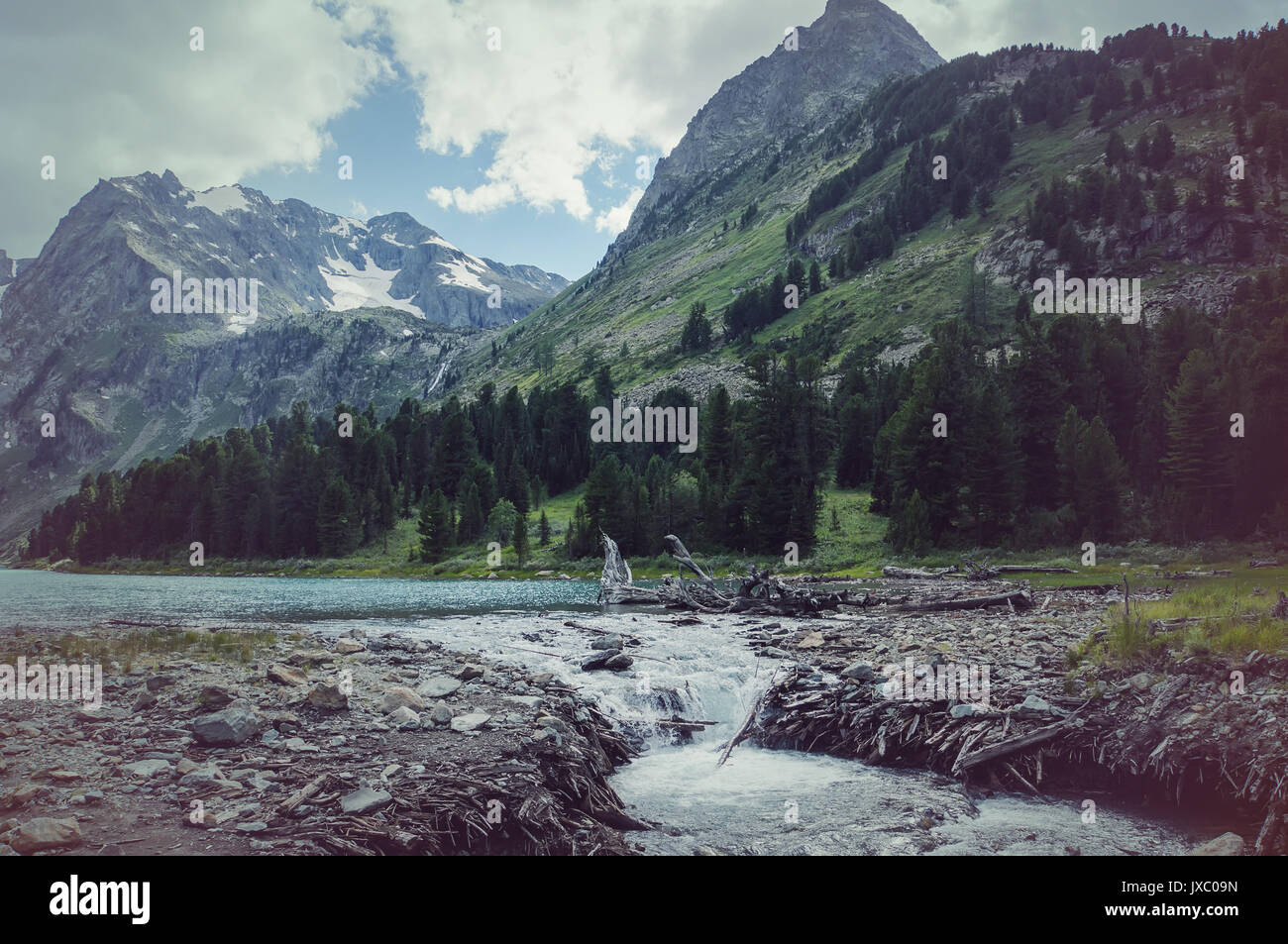 Water flows from the lake, forming the start of the river. Beautiful ...