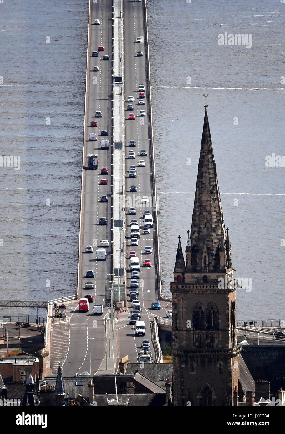 A view of the Tay Bridge across the Firth of Tay from the top of Dundee ...
