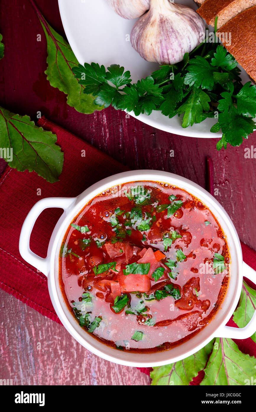 Ukrainian traditional borsch. Russian vegetarian red soup in white bowl ...