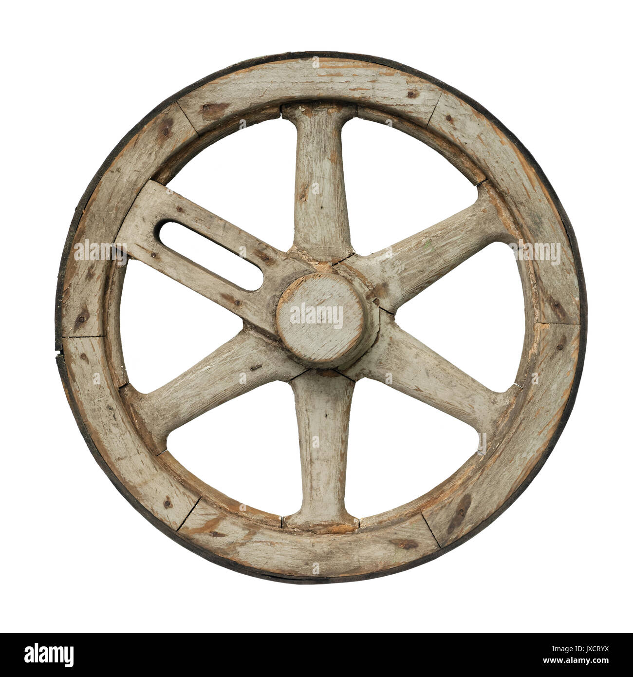 Isolated objects: one very old wooden waggon wheel on white background ...