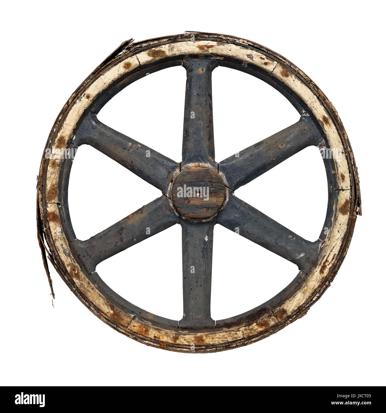 Isolated objects: one very old wooden waggon wheel on white background ...
