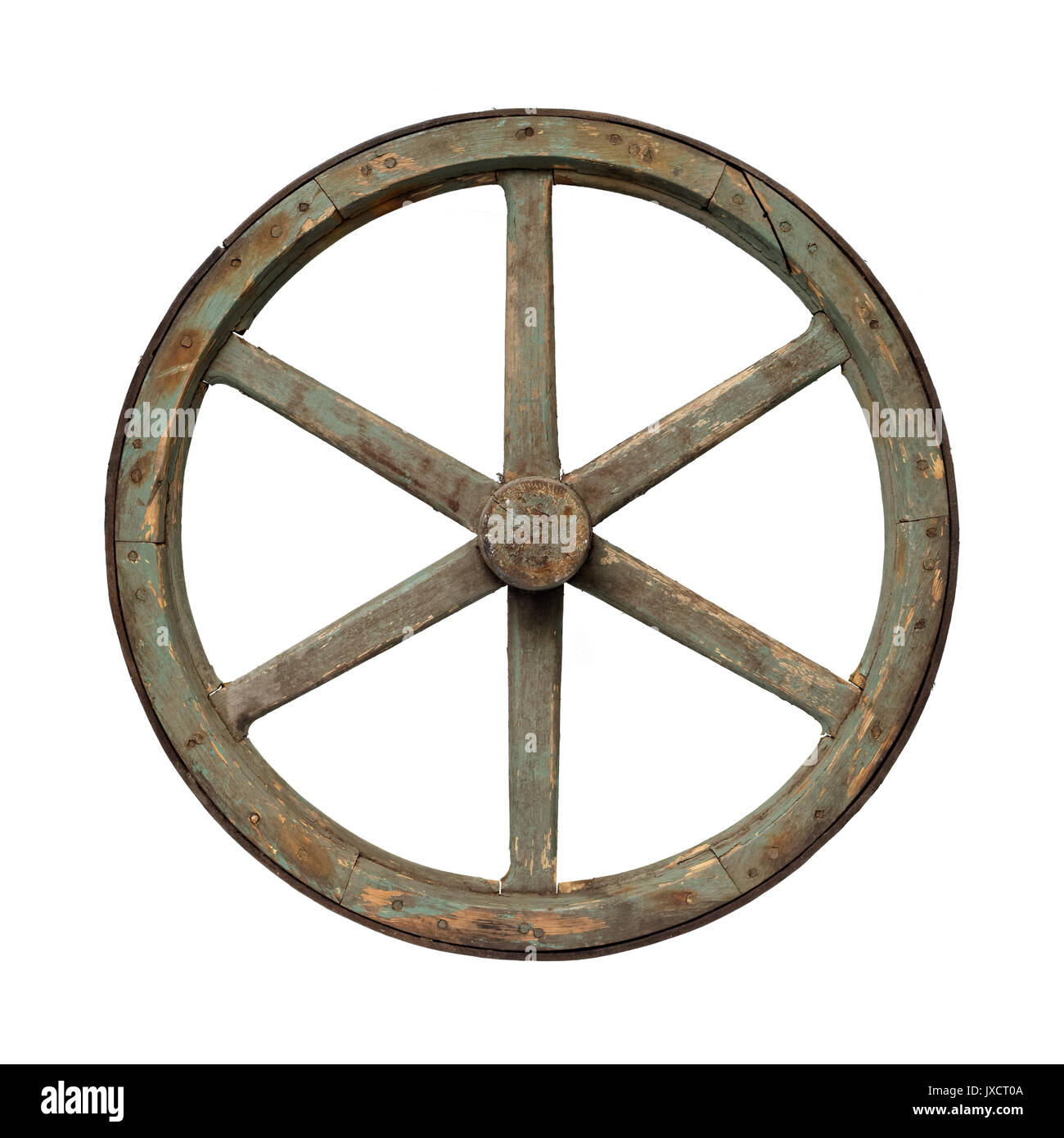 Isolated objects: one very old wooden waggon wheel on white background ...