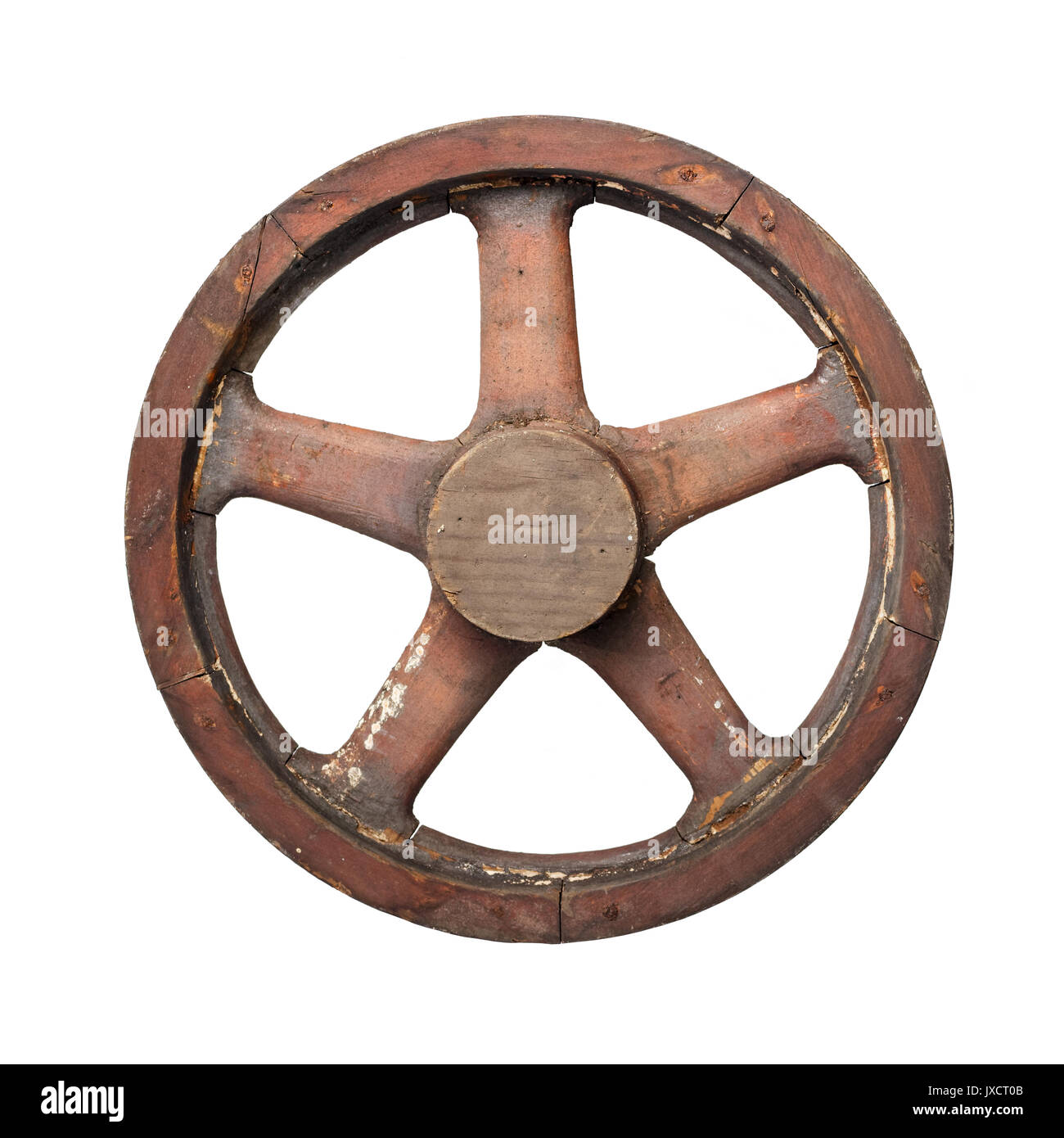Isolated objects: one very old wooden waggon wheel on white background ...