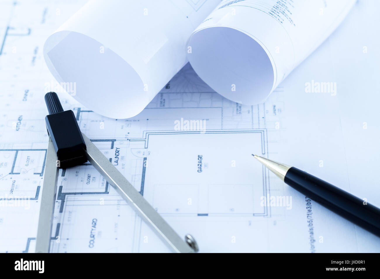 Architect construction plans workspace with tools Stock Photo - Alamy