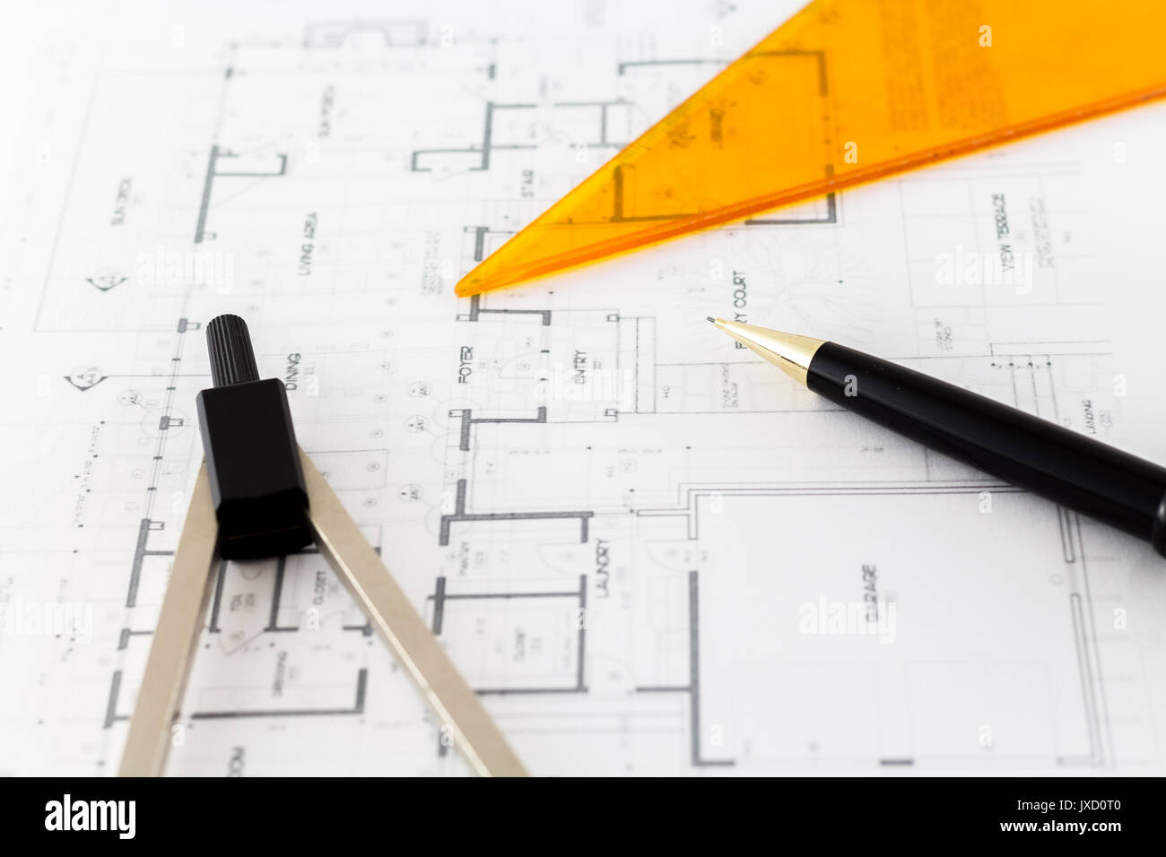 Architect construction plans workspace with tools Stock Photo - Alamy