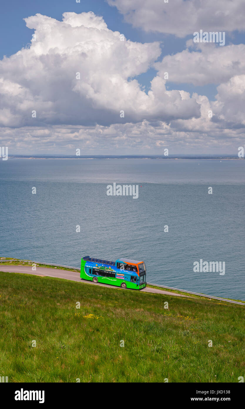 The Needles Breezer bus approaches the Needles on the Isle of Wight ...
