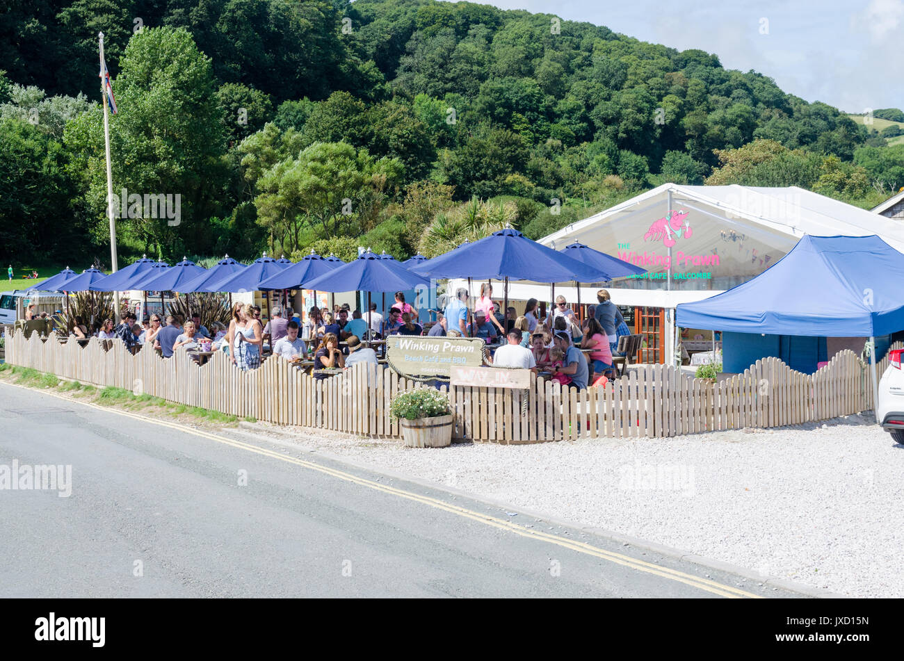 The Winking Prawn beachside cafe in North Sands, Salcombe, Devon Stock ...