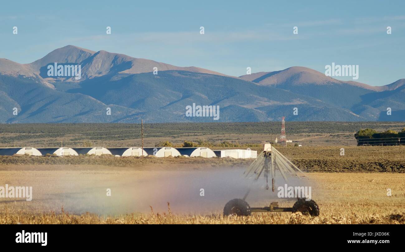 A rainbow created by a spigot watering crops at a farm in Colorado ...