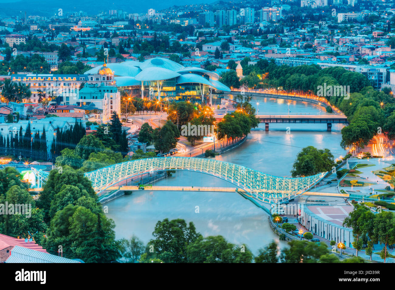 Top Illuminated Cityspape View Of Kura Mtkvari River Under Bridge Of ...