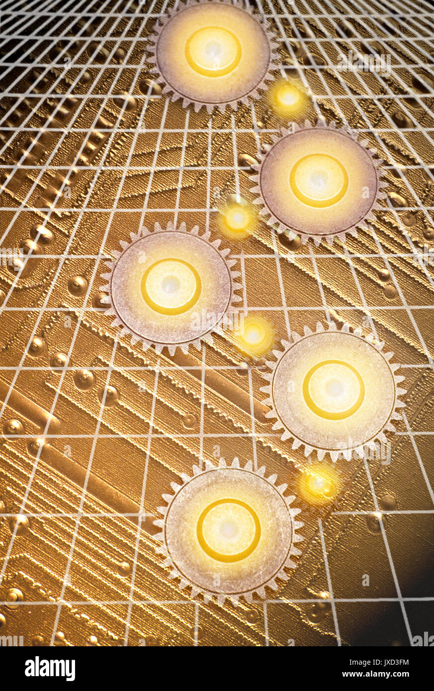 INTERLOCKING COG GEARS ON GRID OVER GOLDEN CIRCUIT BOARD Stock Photo ...