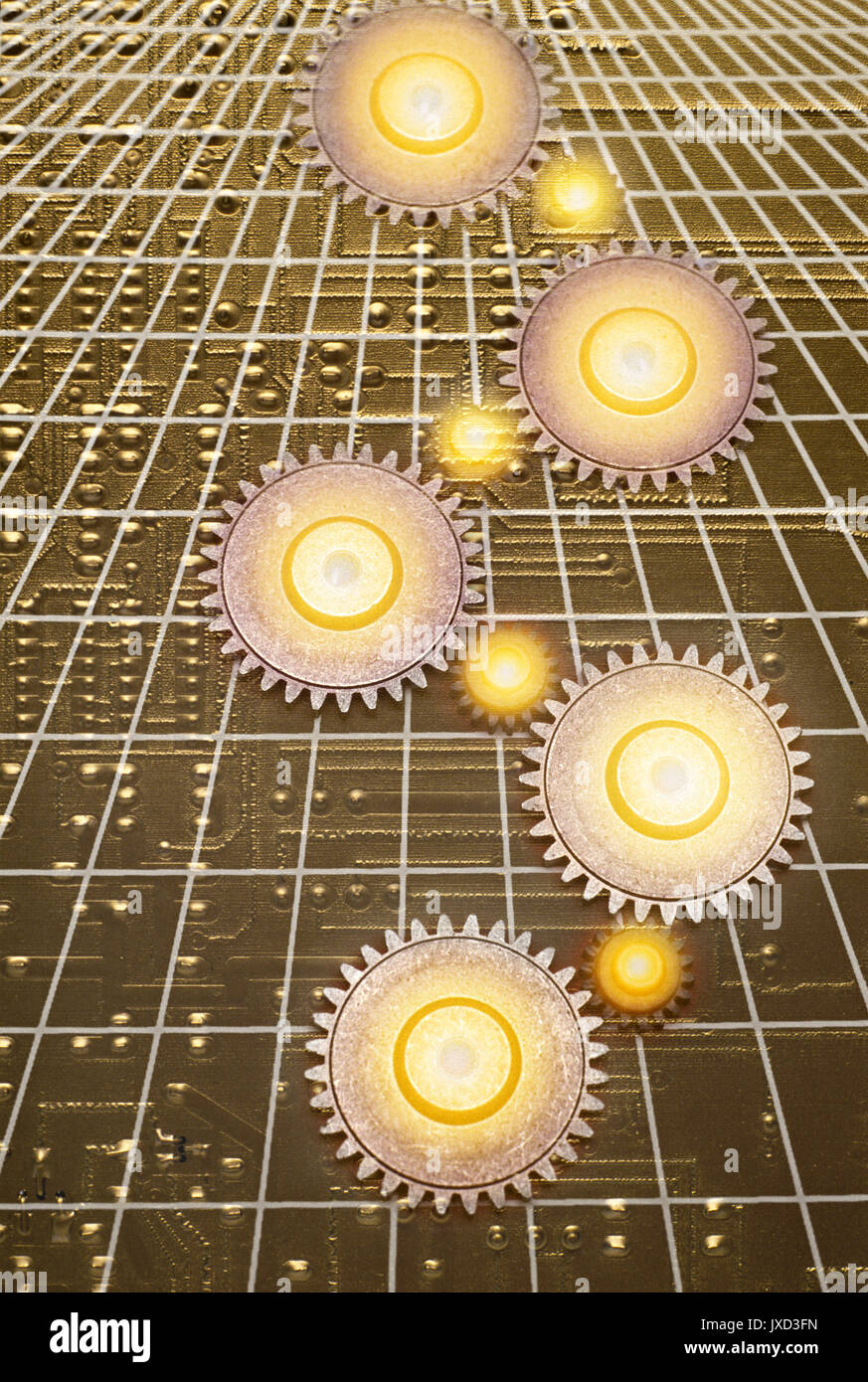 INTERLOCKING COG GEARS ON GRID OVER GOLDEN CIRCUIT BOARD Stock Photo ...