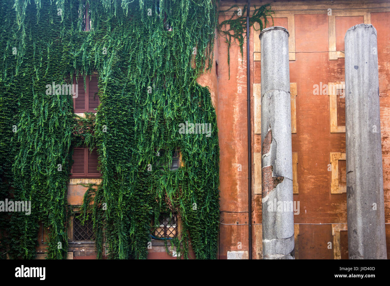 Ivy covered walls and ancient columns of the Roman Church, background ...