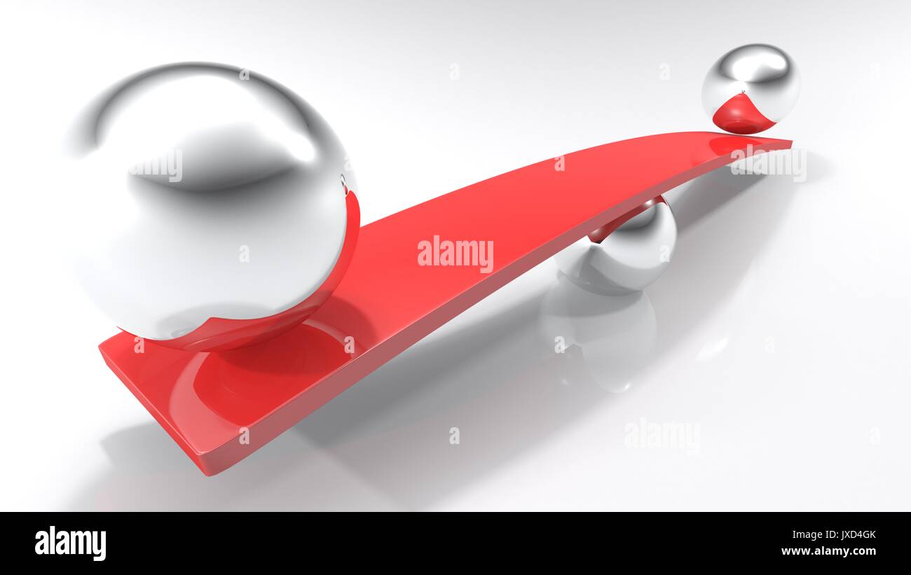 Chrome metallic sphere supports red bar with two spheres at opposite ...