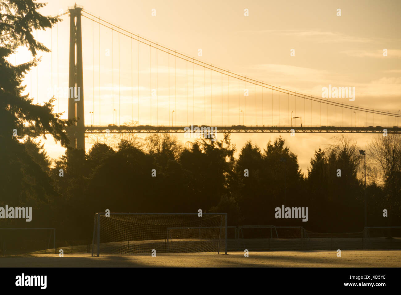 Bridge, golden color of sunrise and lonely morning atmosphere Stock ...