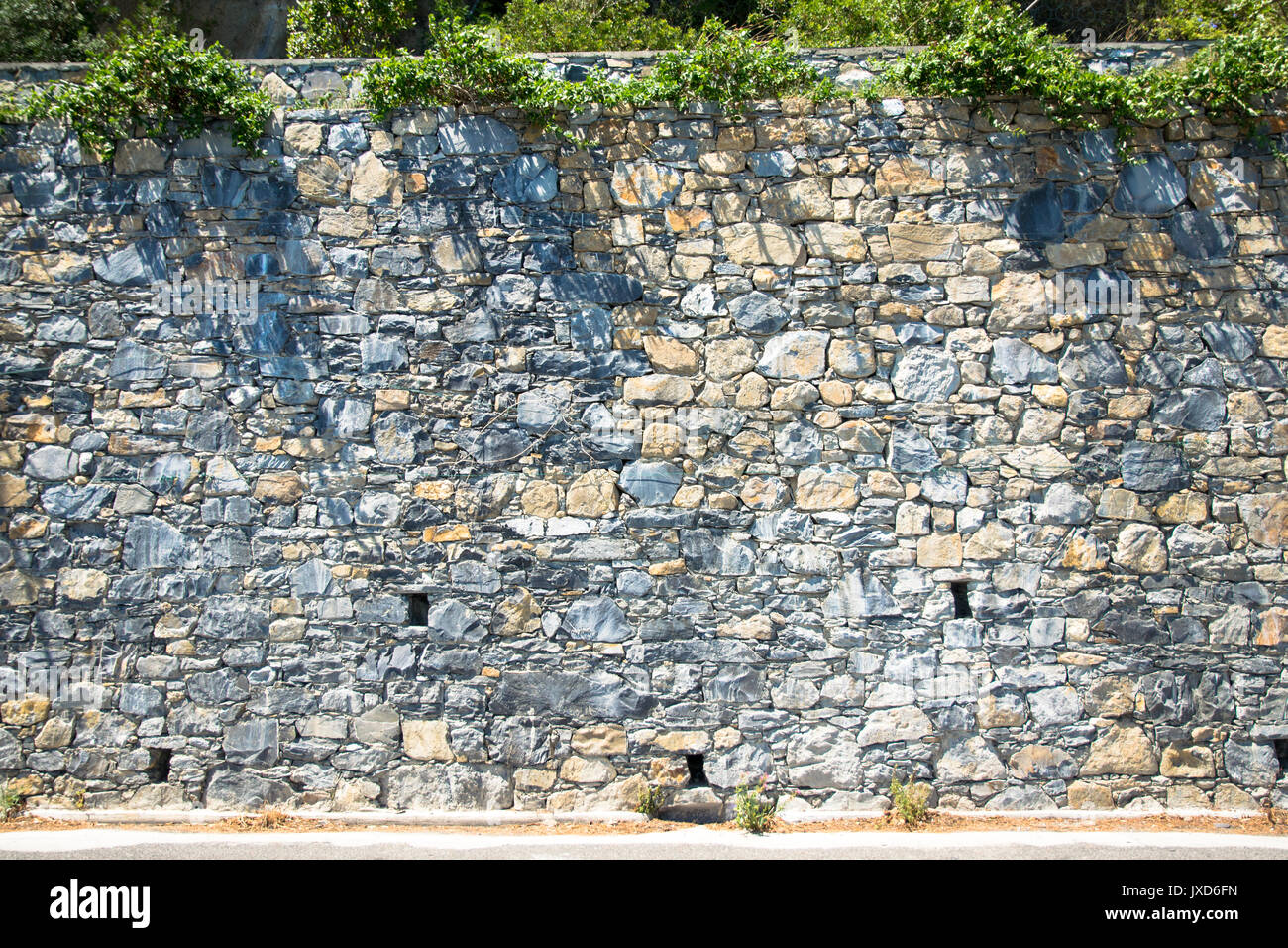 stone wall with some bushes above Stock Photo - Alamy