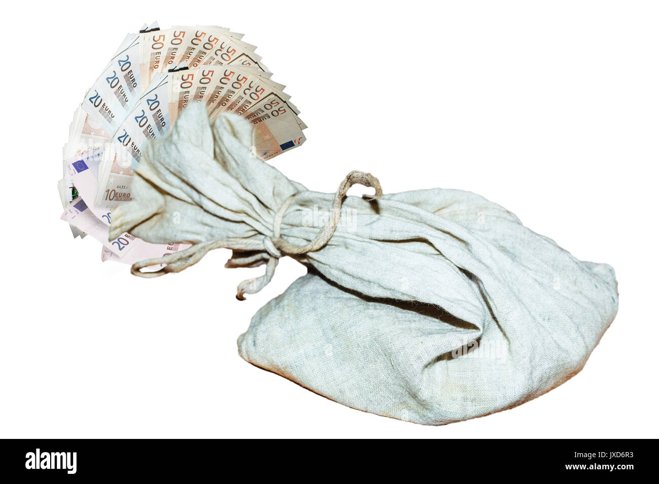 Money bag with euro banknotes. Euro banknotes from a money bag on a ...