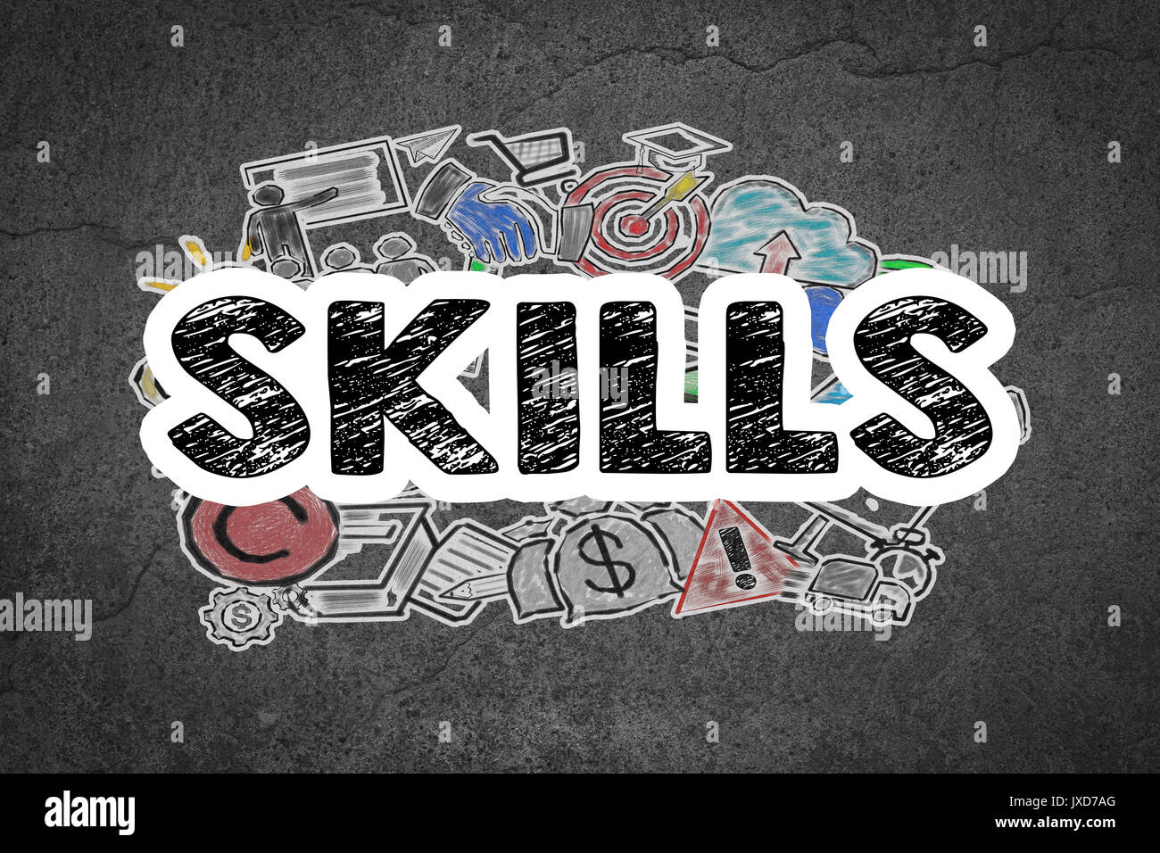 Skills concept. Grunge black and white wall Stock Photo - Alamy