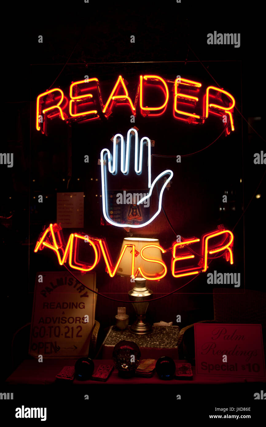 Palm Reader and Adviser Neon Sign in New York - USA Stock Photo - Alamy