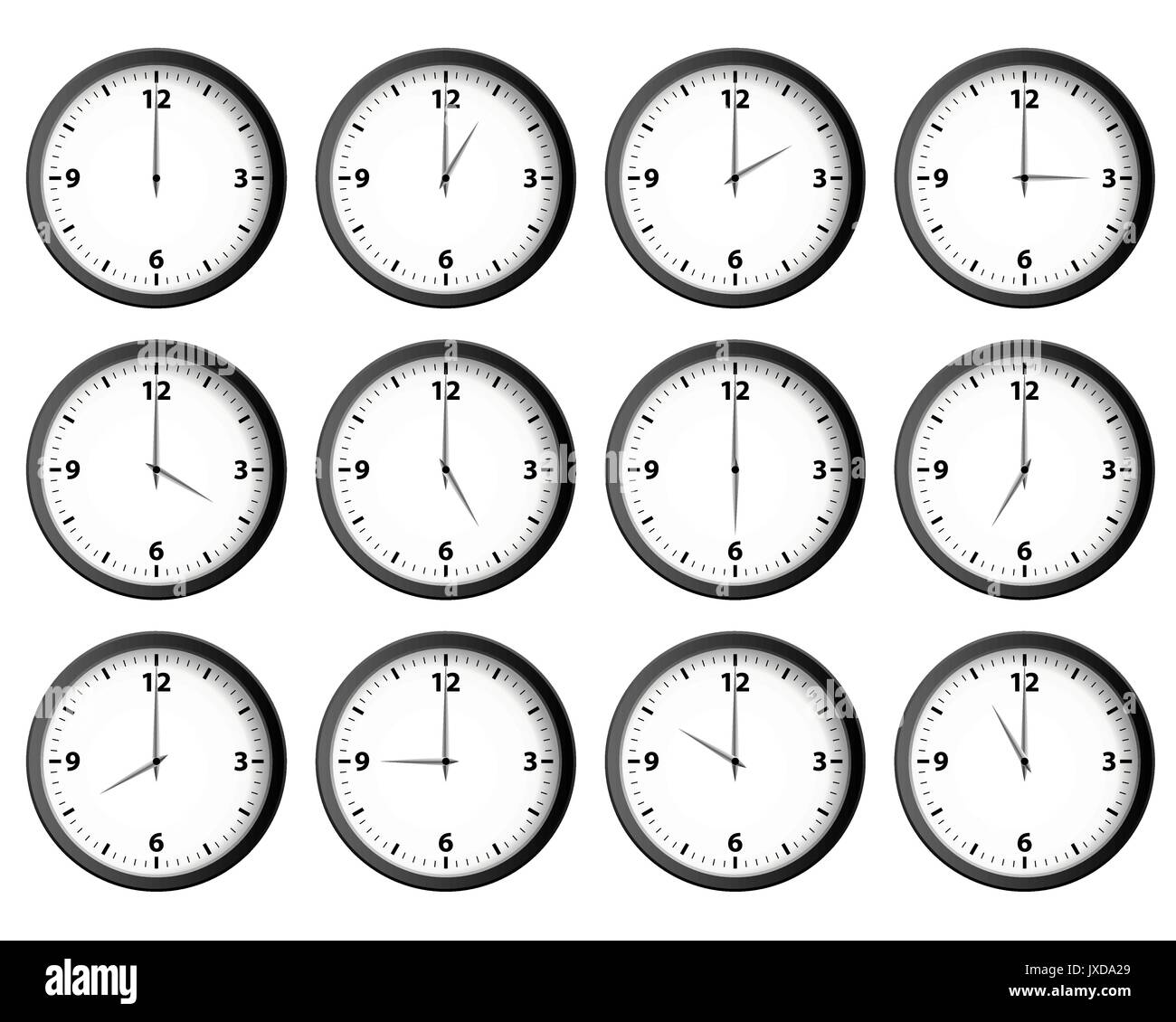 Twelve clocks set at each hour vector Stock Vector Image & Art - Alamy