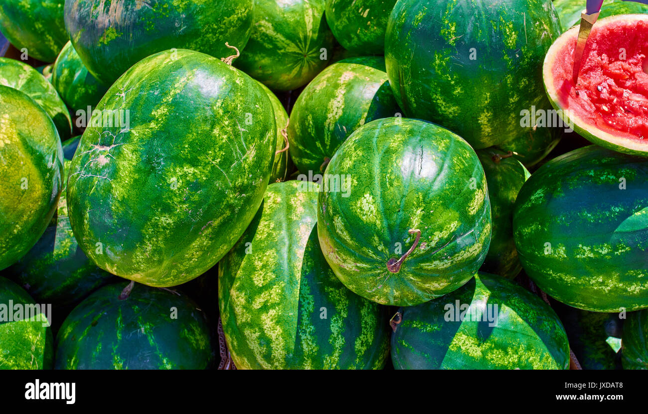 Big sweet green organic ripe watermelons. stacking watermelons ...