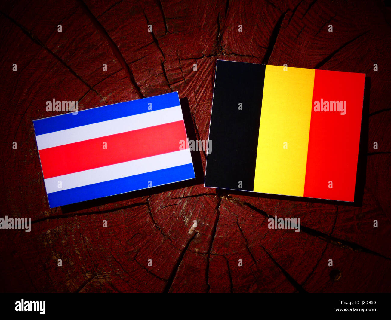Costa Rican flag with Belgian flag on a tree stump isolated Stock Photo ...