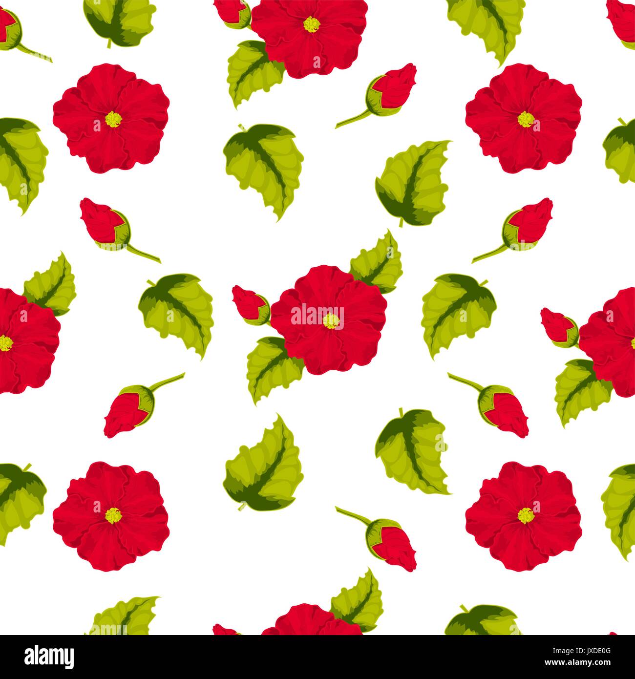 Seamless pattern of leaves, flowers and buds of hibiscus plants. Vector ...