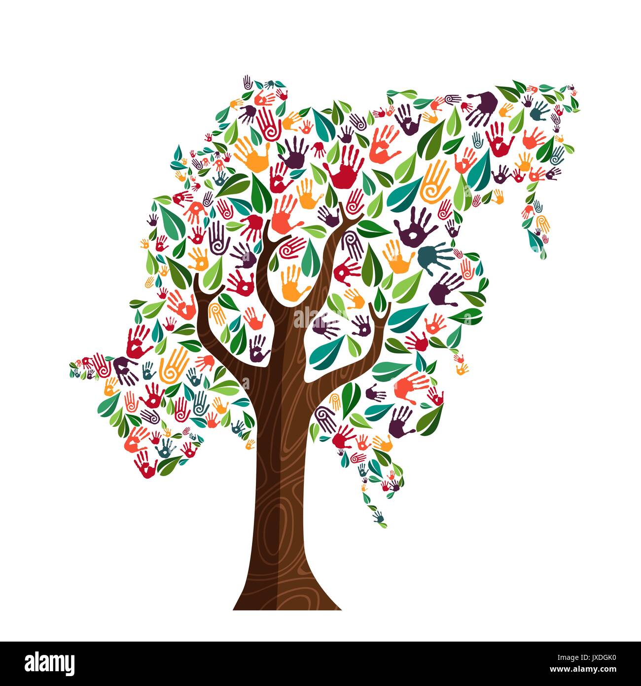 Tree with asian continent shape and human hand prints. Asia world help ...