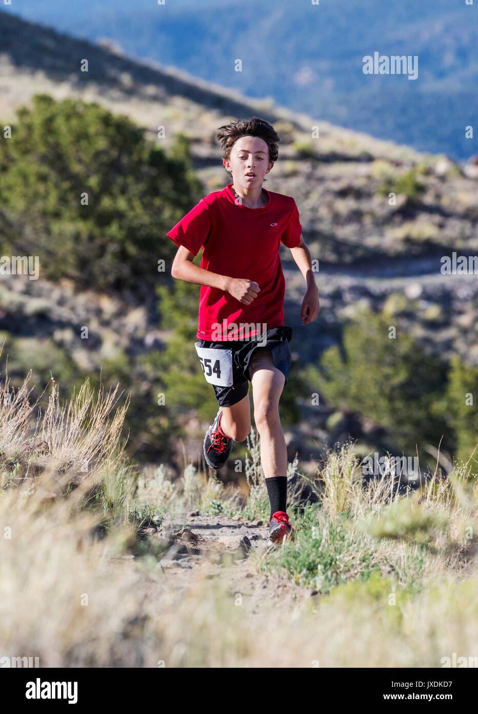 Young boy runner competes in the Fibark Festival trail run; Salida ...