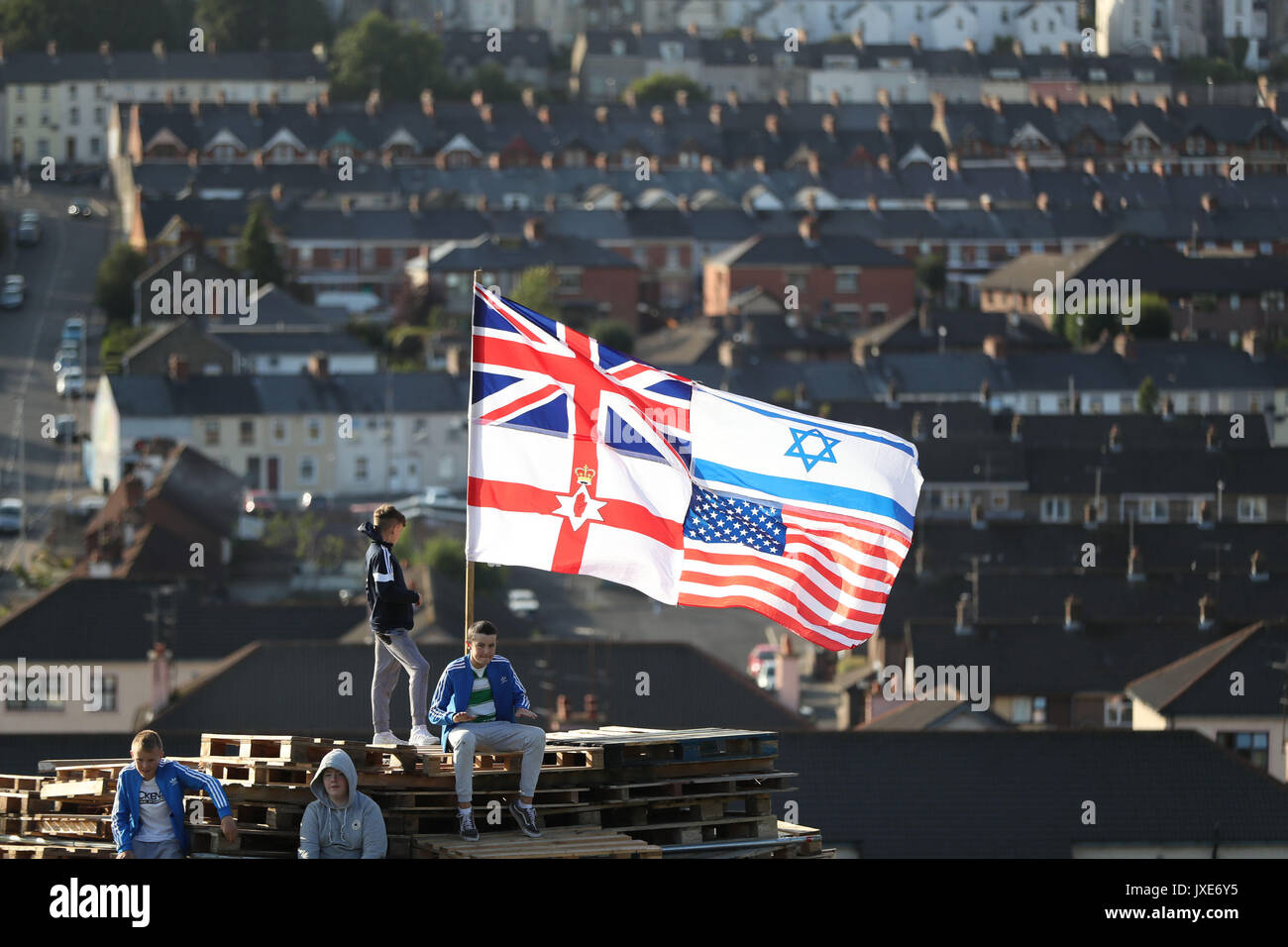 Flags to be burnt on top of a bonfire, in the bogside area of ...