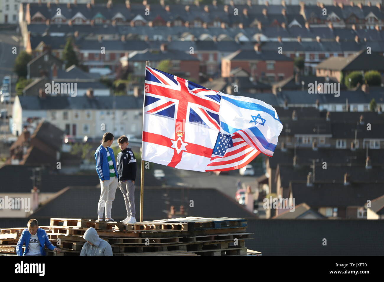 Flags to be burnt on top of a bonfire, in the bogside area of ...