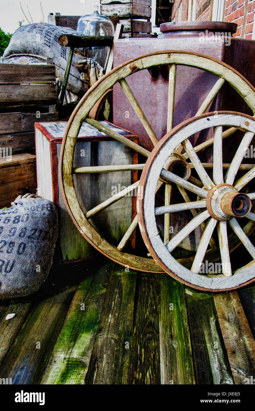 Vintage and retro - Farm objects - Two wagon wheels Stock Photo - Alamy