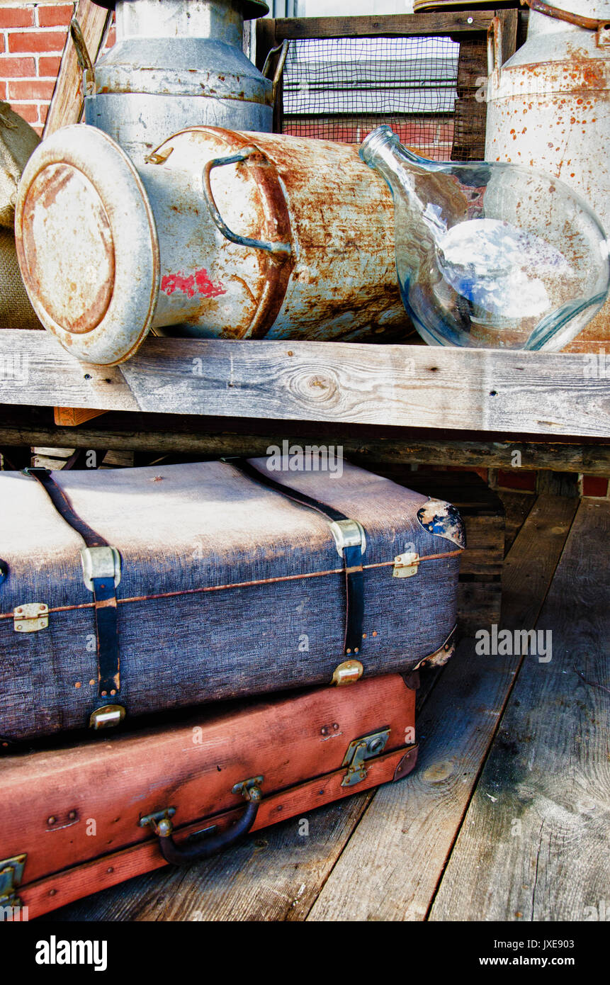 Vintage - Arrangement of ancient objects - Suitcases, metal barrel and ...