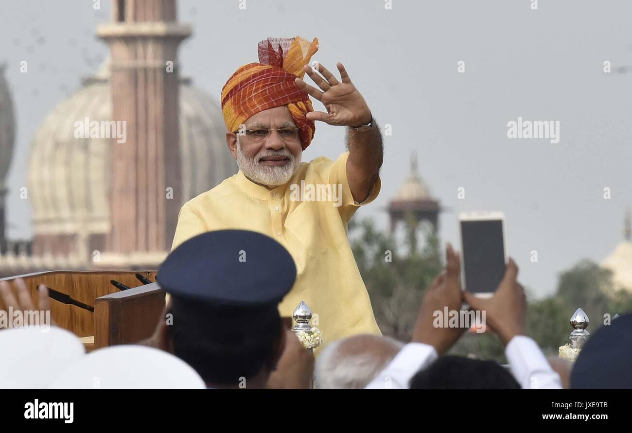 New Delhi, India. 15th Aug, 2017. Prime Minister Narendra Modi waves to ...