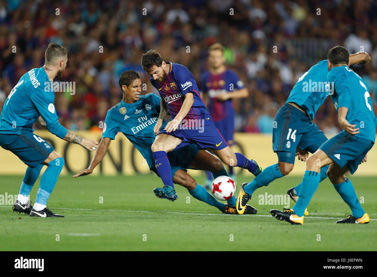 (L-R) Raphael Varane (Real), Lionel Messi (Barcelona), AUGUST 13, 2017 ...