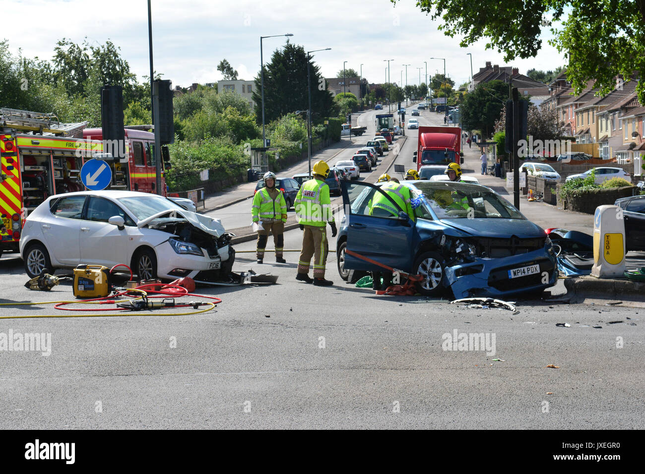 Bristol, UK. 16th August, 2017. 2 car crash closes A37 Airport Road ...