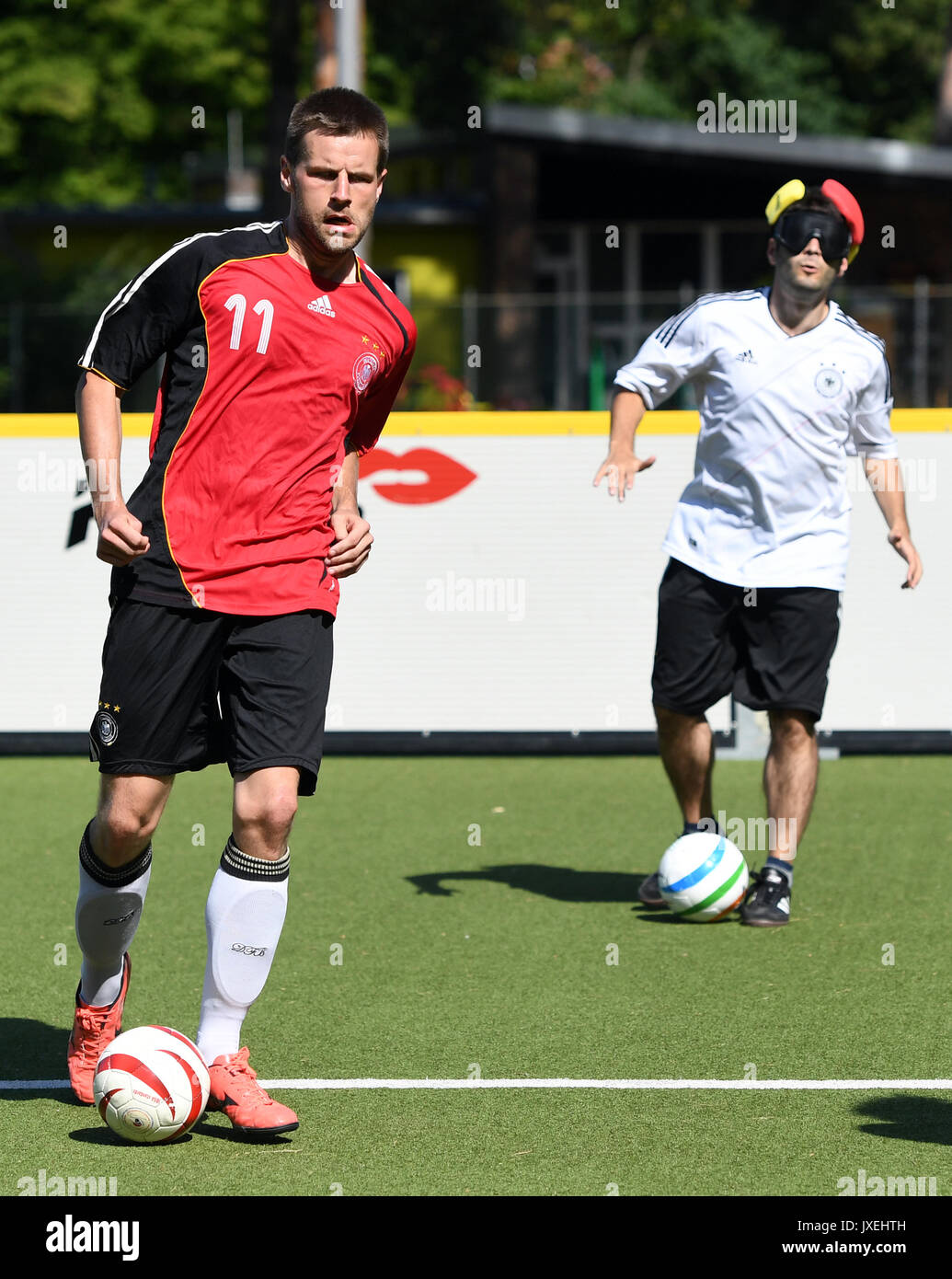Alex Fangmann (l) and Alican Pektas of the Germany blind football team ...