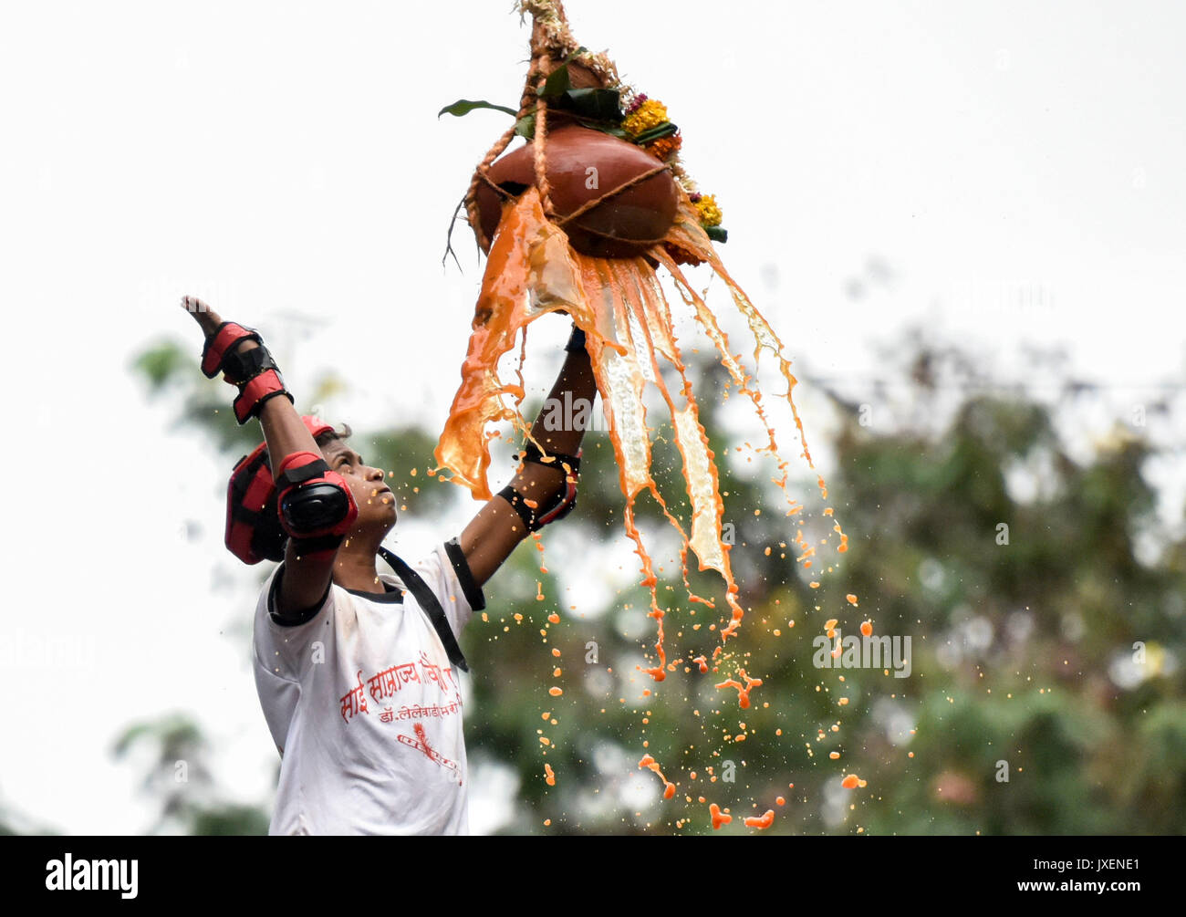MUMBAI, INDIA - AUGUST 15: A Govinda break the Dahi handi an earthen ...